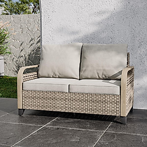 EAGLE PEAK Wicker Outdoor Patio Sofa Modern Rattan Patio Furniture Loveseat for Backyard Deck Porch Balcony, 2 Seat Loveseat, Brown/Gray