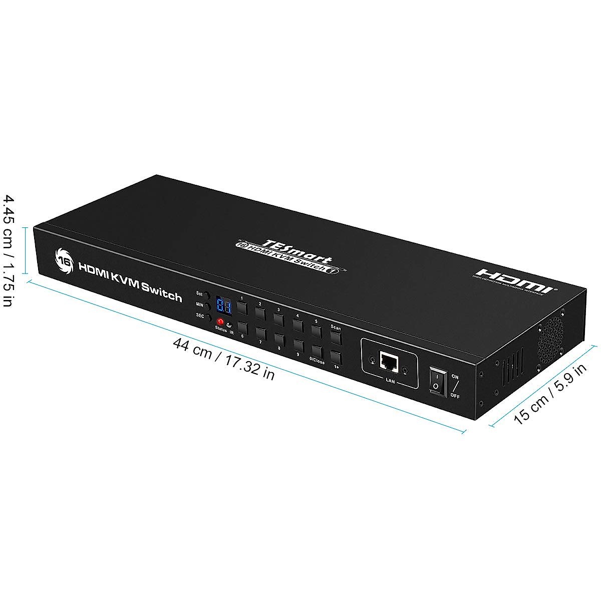 TESmart 4K UHD 16 Ports HDMI KVM Switch, Console Rack Mount Switch with 8 Pcs 5ft KVM Cable, USB 2.0 Device 16 Port Inputs, Control up to 16 Computers/Servers, with RS232 and LAN Port
