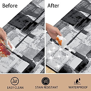 Black Grey Kitchen Rugs Mats Set 2 Pieces Abstract Modern Art Cushioned Anti-Fatigue Kitchen Rug Waterproof Non Slip Comfort Heavy Duty Standing Floor Mat Carpets for Kitchen Laundry, 17"x47"+17"x28"