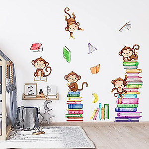 Monkey Wall Decals Animals Monkey Reading Books Wall Stickers for Baby Nursery Kids Bedroom Classroom Wall Decor