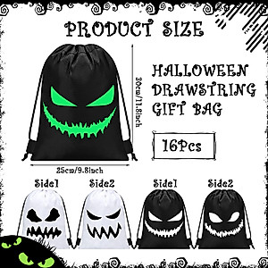 Paterr 16 Pcs Halloween Favor Bags Spooky Face Small Drawstring Bag Bat Carnival Candy Goodie Treat Gift Bag for Classroom Halloween Birthday Party Decor (10'' x 12")