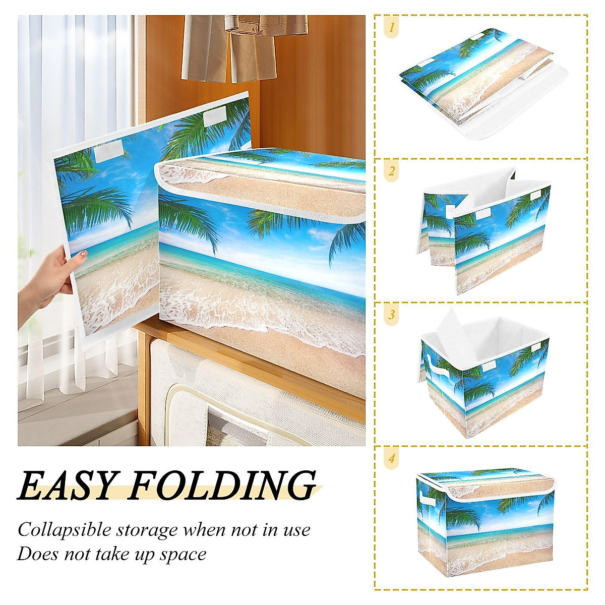 DIGTIA Storage Bins with Lids Coconut Palm Leaves Foldable Storage Boxes with Handles Tropical Beach Sea Large Storage Basket Collapsible Organizer Containers for Closet Home Bedroom Office