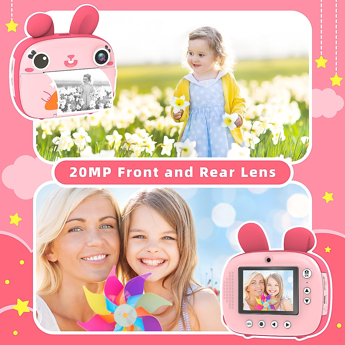 CAMCLID Instant Camera for Kids, 2.5K Kids Camera Instant Print with No Ink Print Paper & 32G Card,Selfie Digital Camera & 1080P Video Camera, Toy Gift for Girls Boys 3-12 (Pink)