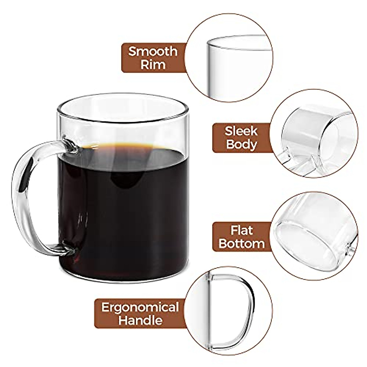 ComSaf 14oz Glass Coffee Mugs Set of 4, Clear Glass Coffee Cup with Big Handle, Large Borosilicate Glass Mug for Tea Milk or Hot Cold Beverages, Crystal Drinking Glass for Birthday Christmas Gift