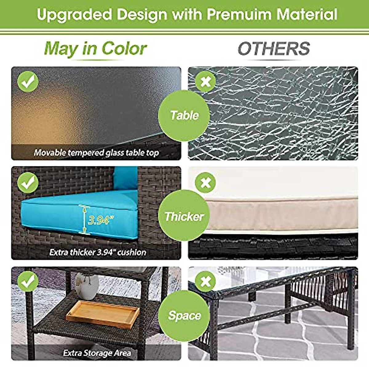 May in Color 7 Pieces Outdoor Patio Furniture Set, Wicker Conversation Set with Ottomans Cushions, Sectional Lounge Chair Sofa with Coffee Table, for Porch Deck Poolside Garden Balcony Backyard, Blue