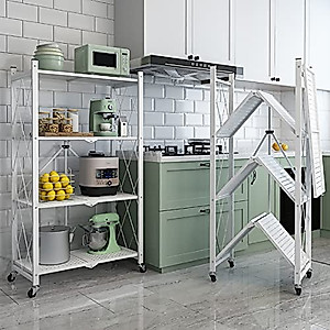 ShanSon Storage Shelves with Wheels 4 Tier Heavy Duty Foldable Metal Rack Storage Shelving Units for Garage Kitchen，White