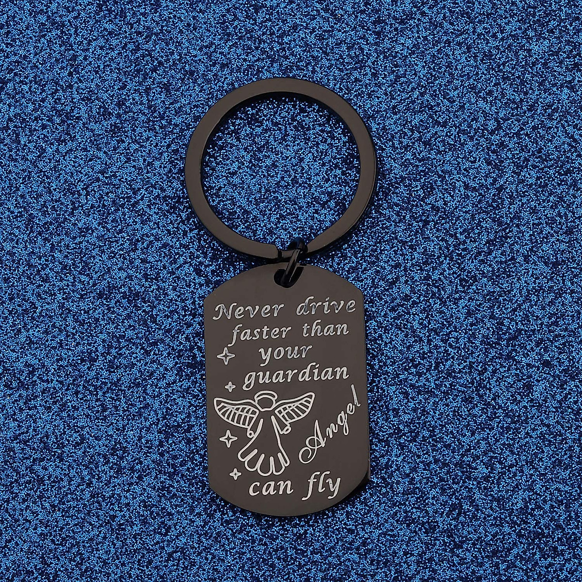 WUSUANED Never Drive Faster Than Your Guardian Angel Can Fly Keychain Bracelet New Driver Gift Sweet 16 Gift (guardian angel keychain black)