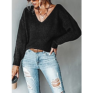 CUPSHE Women's V Neck Knit Sweaters Casual Pullover Oversized Fit Top with Long Sleeves, Black M
