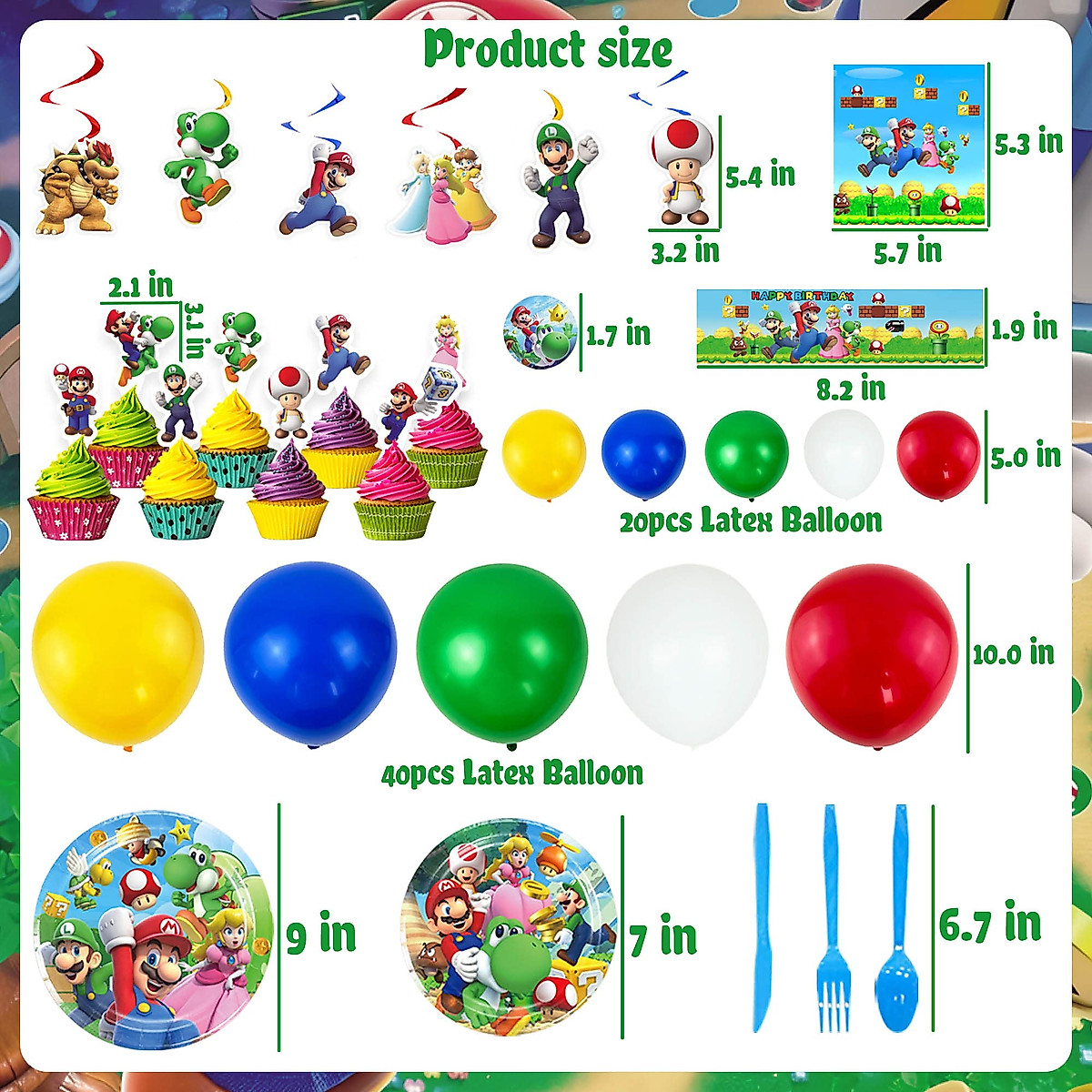 Mario Birthday Party Supplies, Mario Bros Party Decorations Include Banner, Hanging Swirls, Backdrop, Tableware, Cake Toppers, Bottle Labels, Chocolate Stickers