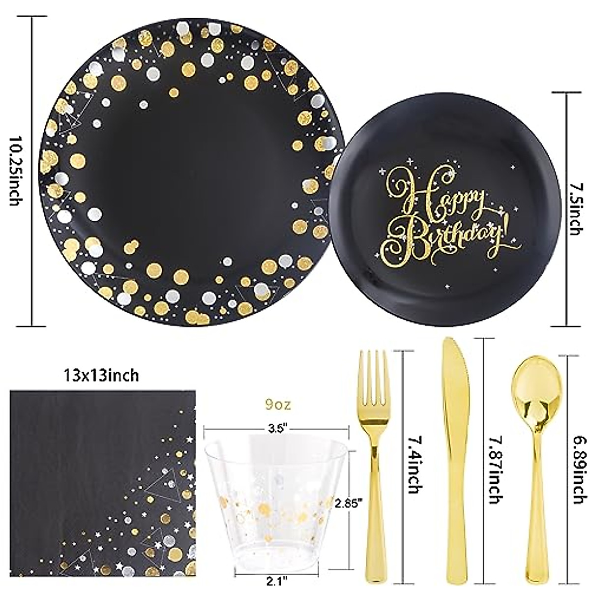 Nervure 175PCS Happy Birthday Plates - Black Plastic Plates with Gold & Silver Dot Include 25 Dinner Plates, 25 Dessert Plates, 75 Plastic Silverware, 25 Cups, 25 Napkins for Birthday & Party