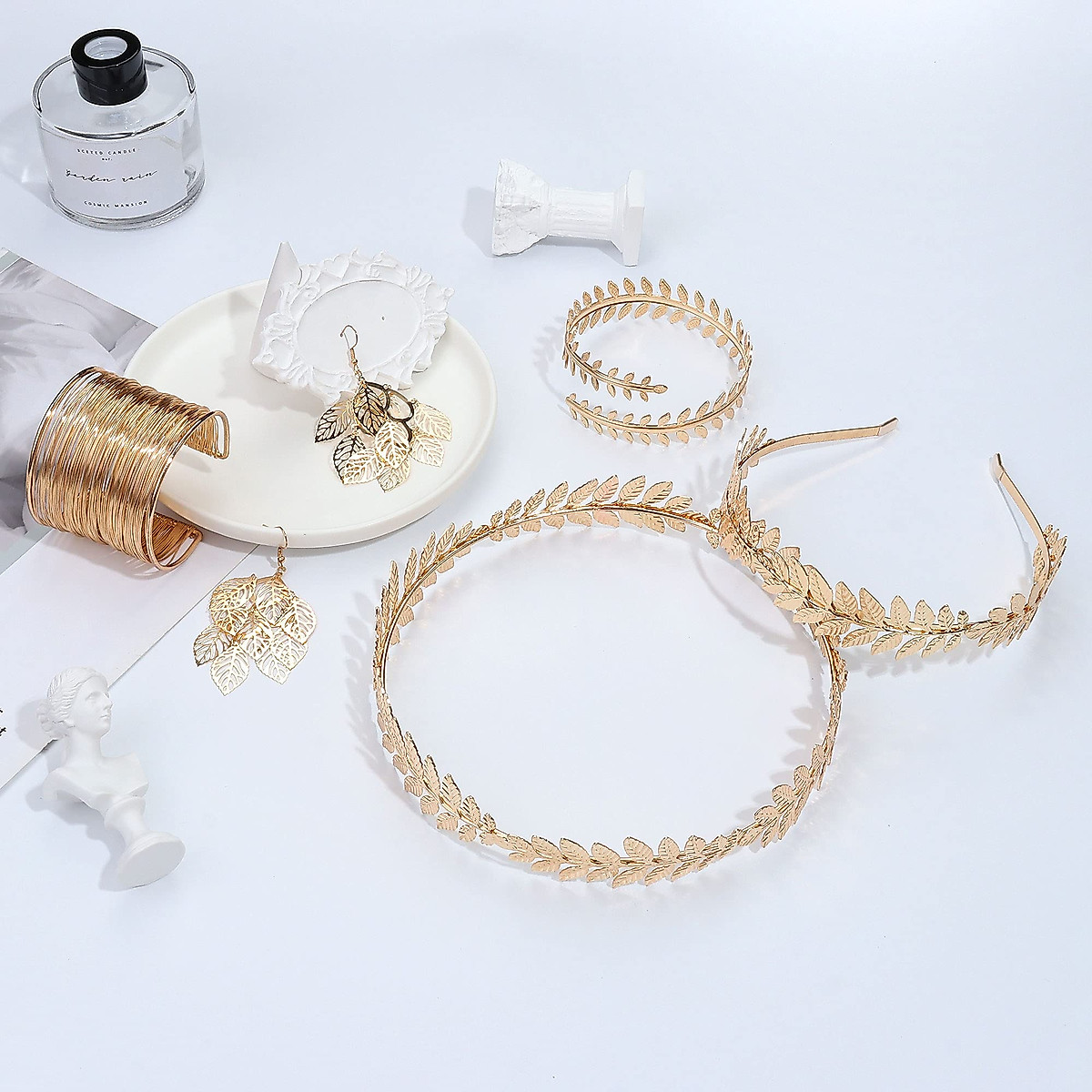 SAILIMUE 5 Pcs Greek Goddess Costume Accessories Set for Women Golden Laurel Leaf Crown Headband Armband Coil Bracelet Leaf Dangle Earring Bridal Wedding Headpiece Toga Party