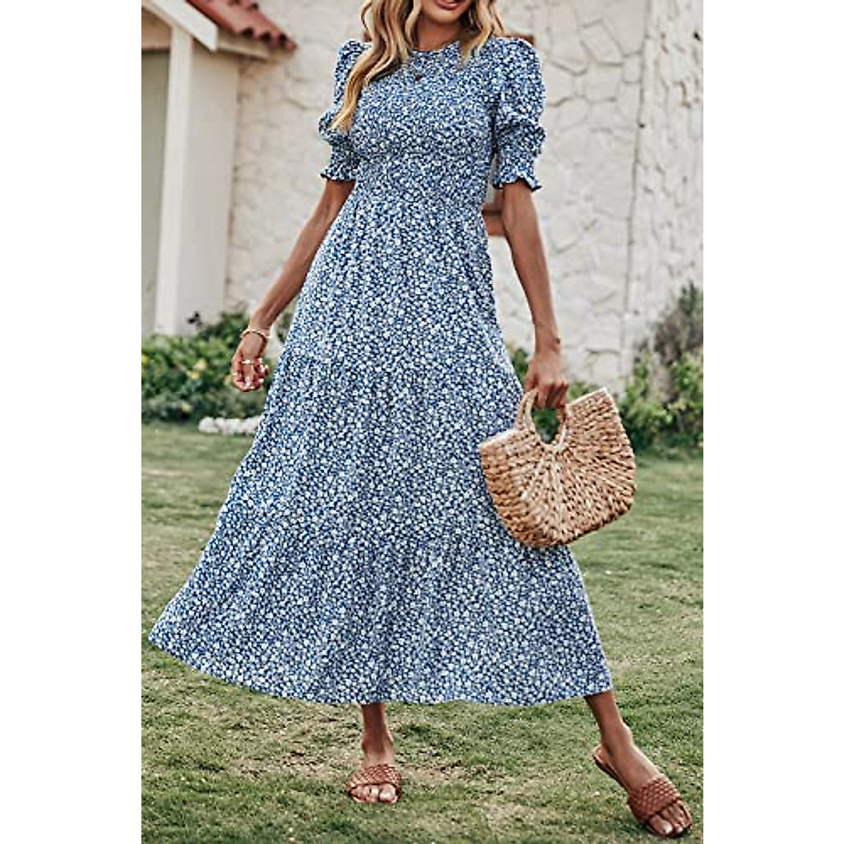 BTFBM Women Casual Summer Dresses 2023 Spring Crew Neck Ruffle Short Sleeve Floral Leopard Smocked Boho Flowy Maxi Dress(Floral Blue White, Medium)