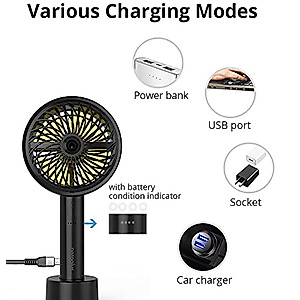 Aeroplus Mini Fan 5" Handheld Personal 3 Speed Rechargeable Battery Operated with Misting Option weatherproof includes dock & cable (Black) desk fan for home kitchen office travel camping