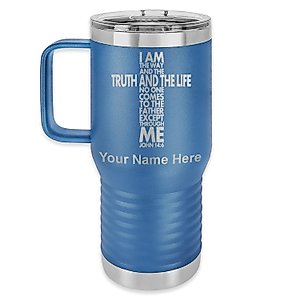LaserGram 20oz Vacuum Insulated Travel Mug with Handle, Bible Verse John 14-6, Personalized Engraving Included (Dark Blue)