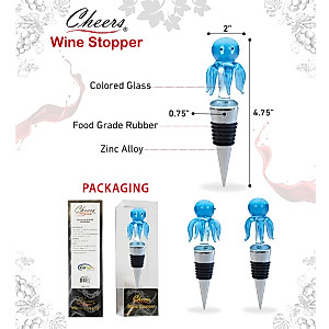 Cheers Octopus Glass Wine Stopper – Elegant Vacuum Seal Reusable Nautical Ocean Life Wine Bottle Stopper – Airtight Leak Proof Bottle Topper Cork Plug, Cute Home Decor & Bar Tool Accessory Gift