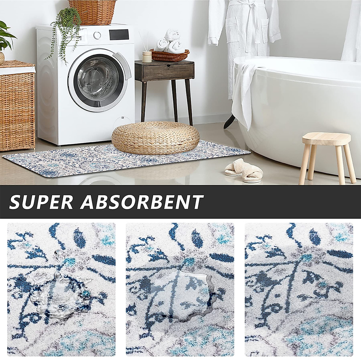 MELAJIA Boho Kitchen Rugs Sets of 3 Non Slip Washable Laundry Room Rubber Mat Kitchen Mats Set for Floor Easy to Clean Low-Profile Runner Rug for Hallway Bathroom Bedroom Entryway