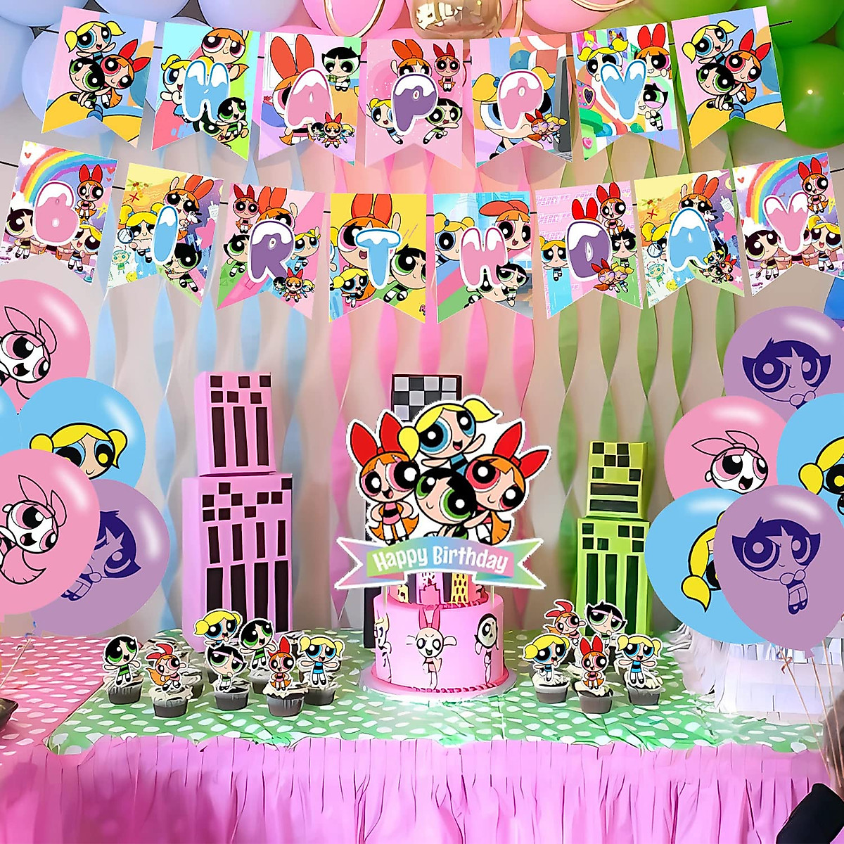 Powerpuff Girls Birthday Party Decoration, Powerpuff Girls Include Kawaii Cartoon Theme Birthday Banner, Cake Topper, Latex Balloons for Kids Birthday Party Supplies, Baby Shower