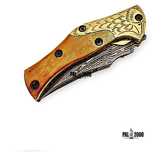 PAL 2000 HUNTING KNIVES Smpg-9863 - Damascus Folding Knife - Handmade Damascus Steel - Damascus Pocket Knife - Stained Bone Handle and Engraved Guards