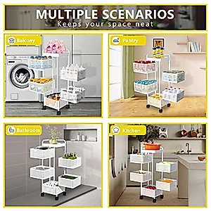 PINFENGJIAJU Rotating Kitchen Storage Shelf with Handle, Fruit Vegetable Storage Basket, Rolling Storage Cart, Multifunctional Household Shelf for Bedroom, Bathroom, Living Room(White, 5-Tier Square)
