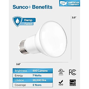 Sunco Lighting - 10 Pack BR20 LED Bulbs Indoor Flood Light R20 Dimmable CRI93 3000K Warm White 50W Equivalent to 7W, E26 Medium Base, Recessed Can Lights for Home Living Area Ceiling Lights - UL