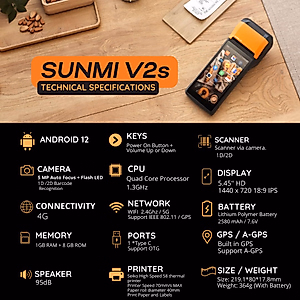 Multzo POS PDA Receipt Printer 58mm High Speed Thermal Printer with Android 12, 5.45’’ Touch Screen. Handheld Mobil SUNMI Point of Sale Tablet. Scan 1D/2D barcodes. (Black + Orange)