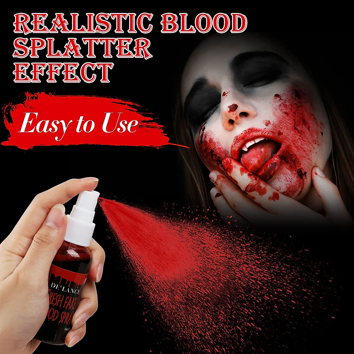 2 PSC Washable Fake Blood Spray,Halloween Fake Blood Splatter, DE'LANCI Liquid Blood for Clothes,Skin and Eye Drops,Squirt Fake Blood Makeup for Vampire Monster Zombie Bride and Costumes,100g(3.53 Oz)
