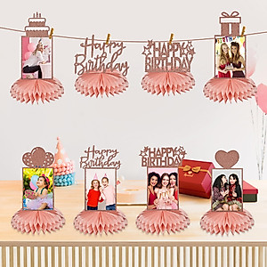 Bumqviy 8Pcs Rose Gold Birthday Decorations Honeycomb Centerpieces for Women Girl, Pink Rose Gold Glitter Birthday Photo Table Centerpiece Party Supplies, 16th 30th 40th 50th 60th Bday Table Topper