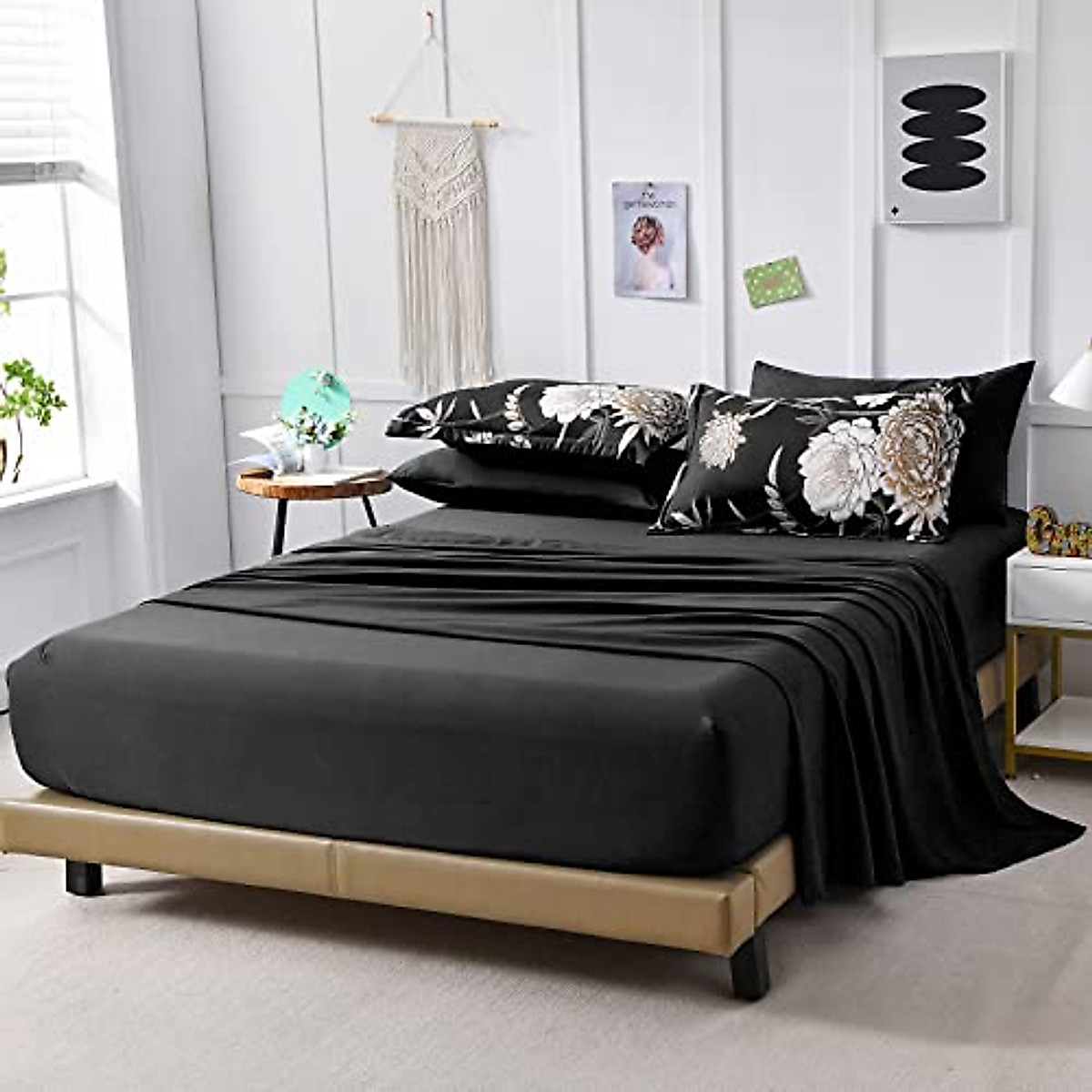 Black Floral Comforter Set Queen Size 7 Pieces Bed in a Bag, Flower and Birds Printed on Black Bedding Set Botanical Pattern Comforter and Sheet Set,Soft Microfiber Complete Bedding for All Season