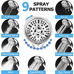 Shower Head - 8" High Pressure Rainfall Shower Head with 11" Extension Arm, 9 Settings Handheld Shower Head Combo, Anti-leak Shower Head with Holder, Height/Angle Adjustable, 1.5M House, Chrome