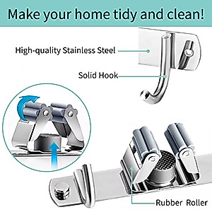 Mop Broom Holder, 4 Hooks and 3 Racks Wall Mount Long Grippers Hanger for Household Easy Storage Clip Racks, No-Slip Utility Hooks Tool Hanger for Home, Bathroom, Kitchen, Garden, Garage