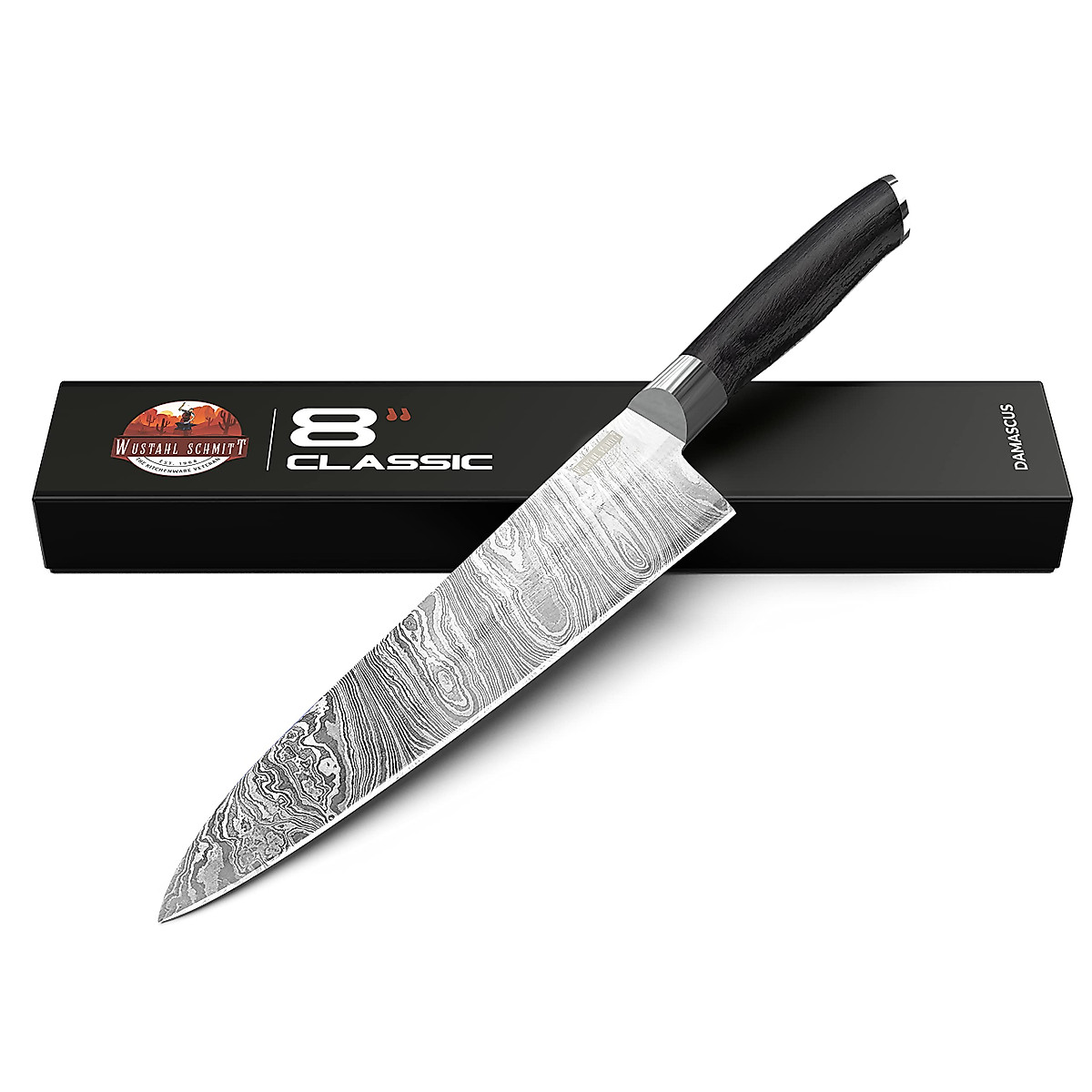 WUSTAHL Hand Forged 8 inch Professional Real Damascus Chef Knife. Japanese Blade made of Ancient Damascus Steel. German Handle, Handmade from Pakkawood. High Carbon, Sharp Gyuto Kitchen Knife.