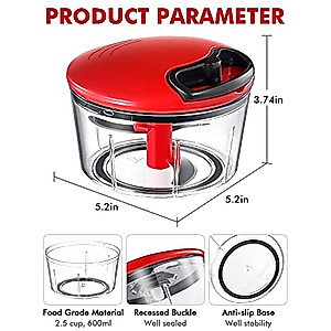 Manual Food Chopper, Hand Pull String Onion Chopper, Dishwasher Safe Food Mincer, No BPA Food Grade Material, 2.5 Cups 0.6L