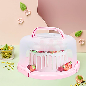 RTUDOPUYT Cake Carrier with Lid and Handle, Fit 10’’ Cake Stand with Lid, Cake Transport Container, Cake Containers with Lids, Pink, 3 Secure Side Closures