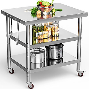 YITAHOME NSF Stainless Steel Table, 30" X 24" Work Table with Wheels, 3 Shelves Metal Table Prep Table for Home Kitchen Restaurant Garage Warehouse Outdoor