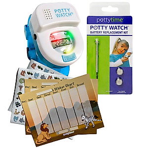 Potty Time:The Original Potty Watch|Water Resistant,Toilet Training Aid,Warranty(30|60|90 Min Auto Timers w/Music & Flashing Lights for Fun & Gentle Reminders) Blue+Savanna Sticker Chart+Battery Kit