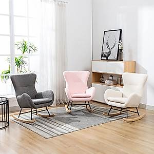 Dolonm Modern Nursery Rocking Chairs Upholstered Rocker Glider for Baby Nursery Teddy Fabric Armchair with High Back and Armrests Accent Chair Single Sofa Chair for Living Room Bedroom Balcony, Beige