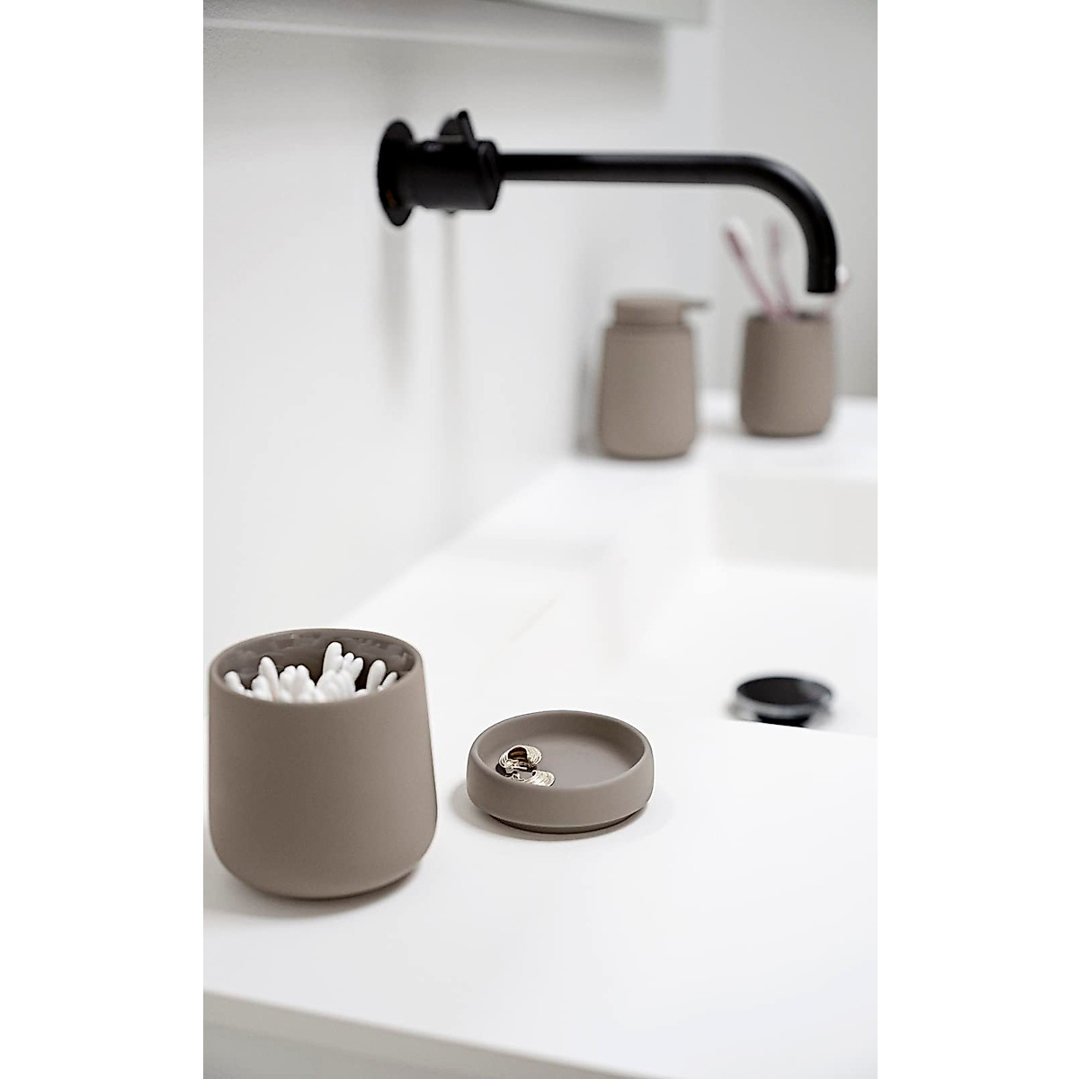 Zone Denmark Nova One Ceramic Storage Box with Lid for Bathroom Utensils such as Cotton Pads & Cotton Buds Diameter 3.3", Height 3.39", Capacity 290 ml,Taupe