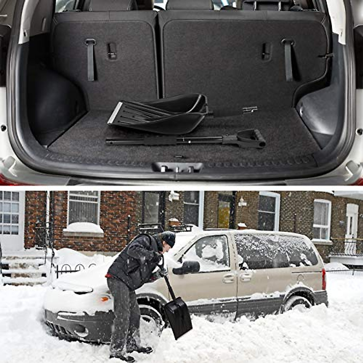 CLISPEED Portable Snow Shovel with D-Grip Handle for Car Truck Camping and Other Outdoor Activities (Black)