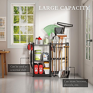 CICUFY Garden Tool Organizer Storage Metal Yard Tool Organizer Heavy Duty Garden Tool Rack Stand with 2 Extra Hooks, Up To 70 Long Handled Shovels/Rakes/Brooms Holder for Garage,Shed,Outdoor(Black)