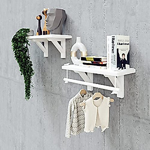 IRON WOOD White Floating Shelves Set of 2 with Towel Bar - Wall Mounted Floating Bathroom Shelves Over Toilet -for Kitchen Living Room - Bookshelf -