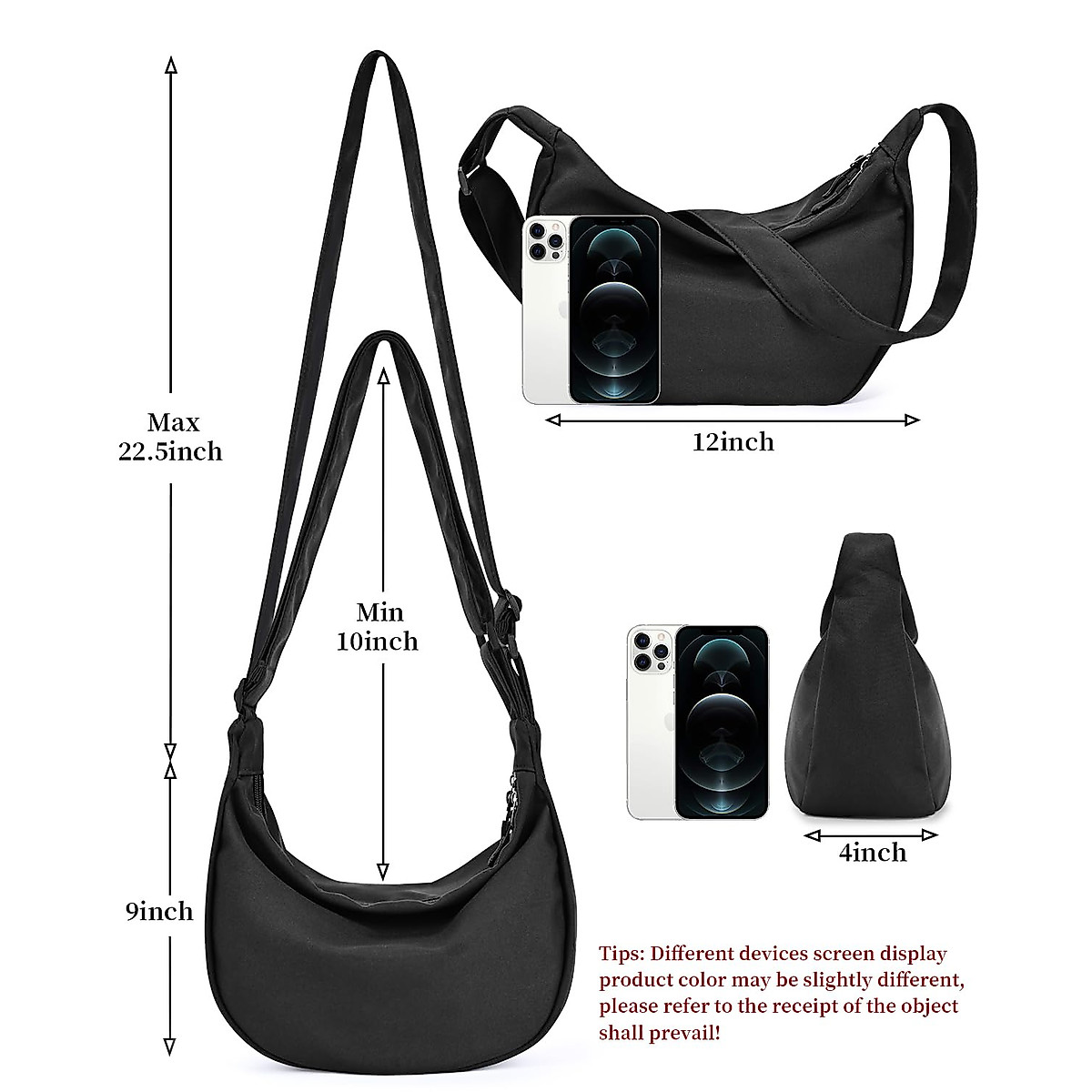 Small Sling Crossbody Bag for Women Men Trendy, Mini Crescent Bag with Adjustable Strap, 2 Zippers Lightweight Nylon Bag