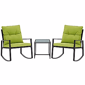 Pyramid Home Decor 3-Piece Rocking Bistro Set - Durable & Stylish Synthetic Wicker Outdoor Furniture - Glass Coffee Table with 2 Chairs for Balcony, Patio & Porch - Black Metal, Soft Green Cushions