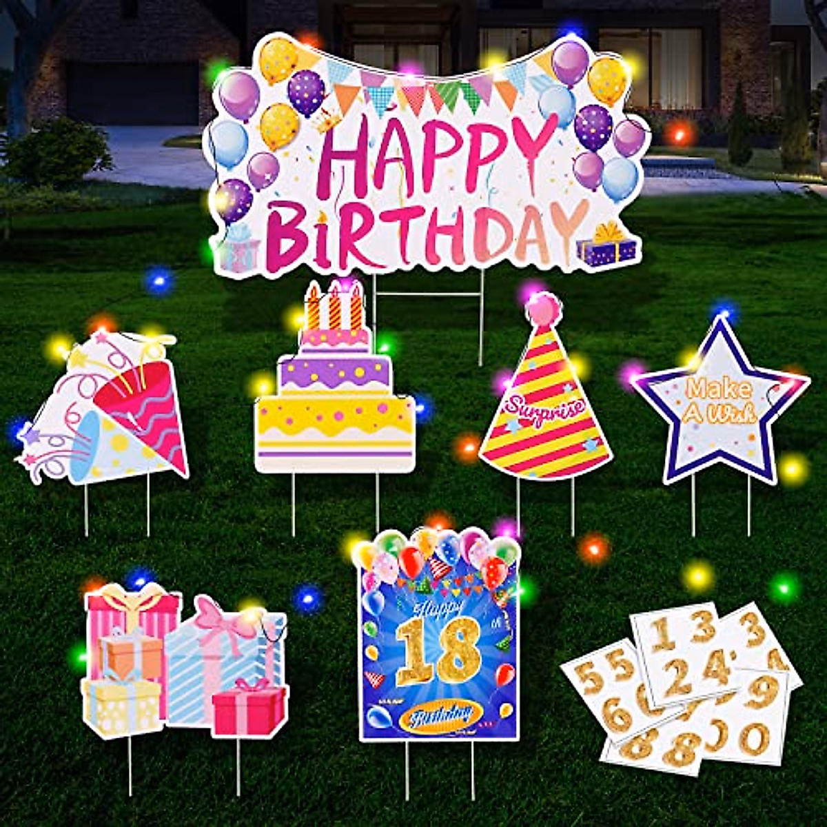 HOMENOTE 7Pcs Happy Birthday Yard Signs With Stakes, 5m LED Light and Personalized Sign, 23.6’’Foldable Large Happy Birthday Sign, Full Set Supplies for Yard Lawn Outdoor Birthday Decoration Party