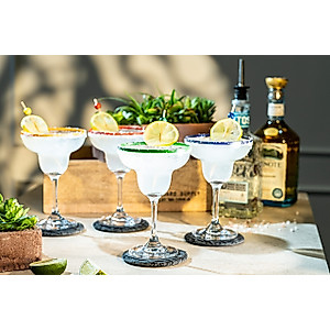 10 oz Margarita Cocktail Glasses + Colorful Party Rims | Set of 4 | Classic Frozen Drinks Stemware + Fun Cactus Gift Box | Thick Stem, Heavy Duty, Clear Hand Blown Glassware Drinking Set