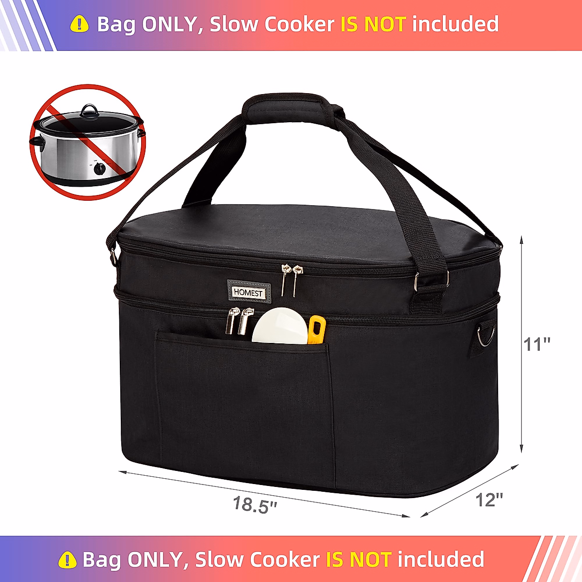 HOMEST Slow Cooker Bag for Crock-Pot 6-8 Quart, Insulated Travel Carrier with Easy to Clean Lining, Carry Case with Top Zip Compartment and Utensil Pocket