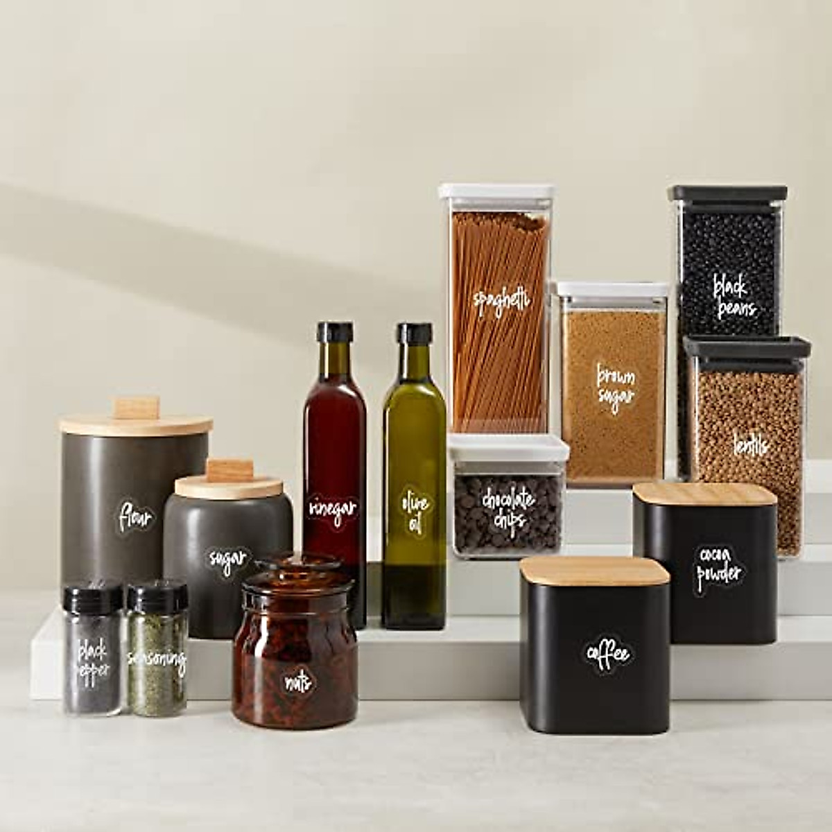 Talented Kitchen 375 Pantry Labels for Food Containers, Preprinted Clear Kitchen Food Labels for Organizing Fridge Storage Canisters and Jars, White Script + Numbers + Date Stickers (Water Resistant)