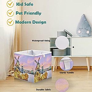 visesunny Closet Baskets Windmill in The Suburbs Of Amsterdam Storage Bins Fabric Baskets for Organizing Shelves Foldable Storage Cube Bins for Clothes, Toys, Baby Toiletry, Office Supply