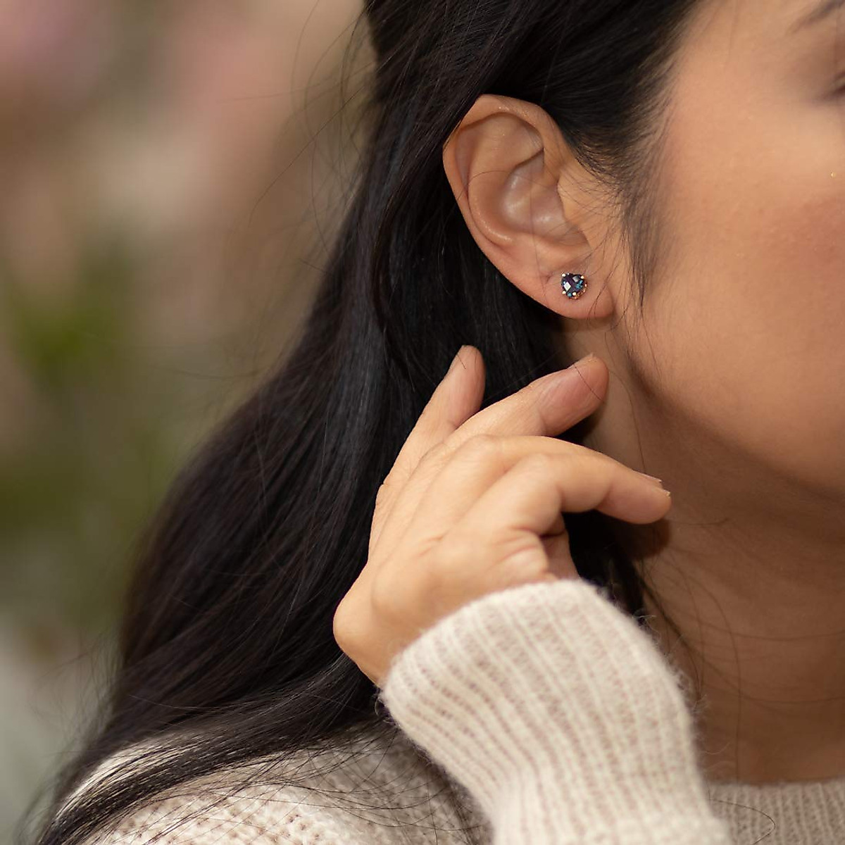 Peora 14K Yellow Gold Created Alexandrite Heart Stud Earrings for Women, Color-changing Solitaire Studs, 6mm, 2 Carats total, Friction Back