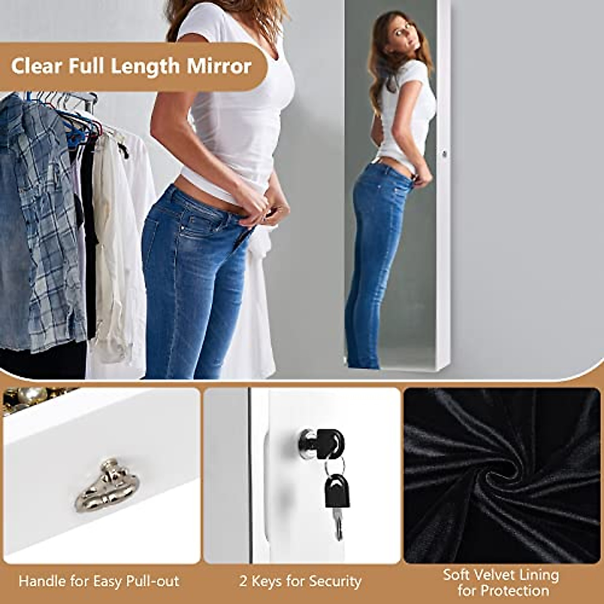 COSTWAY Mirror Jewelry Armoire, Wall Door Mounted Jewelry Organizer w/Full-length Mirror and 2 LED Lights, Lockable Large Capacity Jewelry Cabinet for Earrings, Necklaces, Bracelets (White)