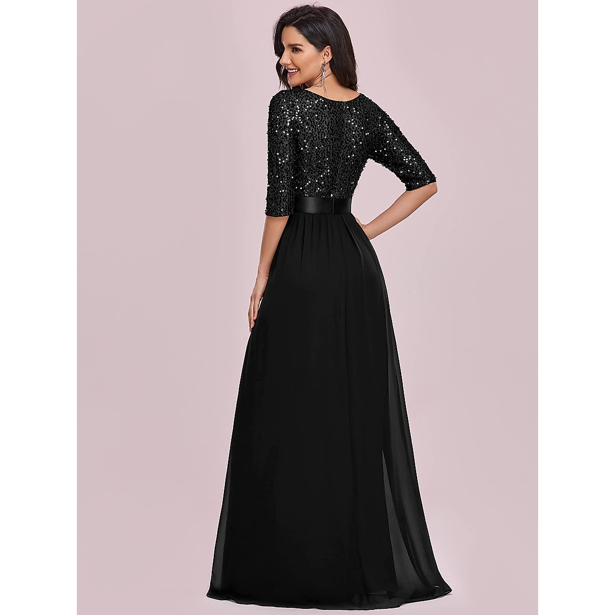 Ever-Pretty Women's Elegant A Line Crew Neck Half Sleeve Sequin Maxi Evening Dress Black US10